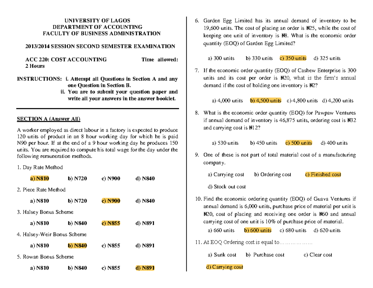 ACC 220: Cost Accounting Reviewed Questions and Answers - Studocu