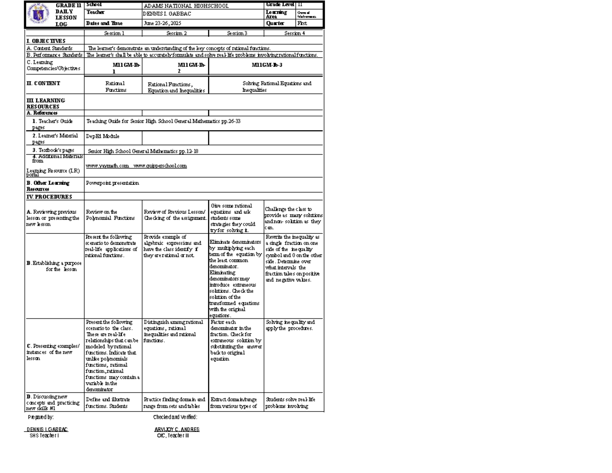 GRADE 11 General Math Lesson Plan: Rational Functions Overview - Studocu