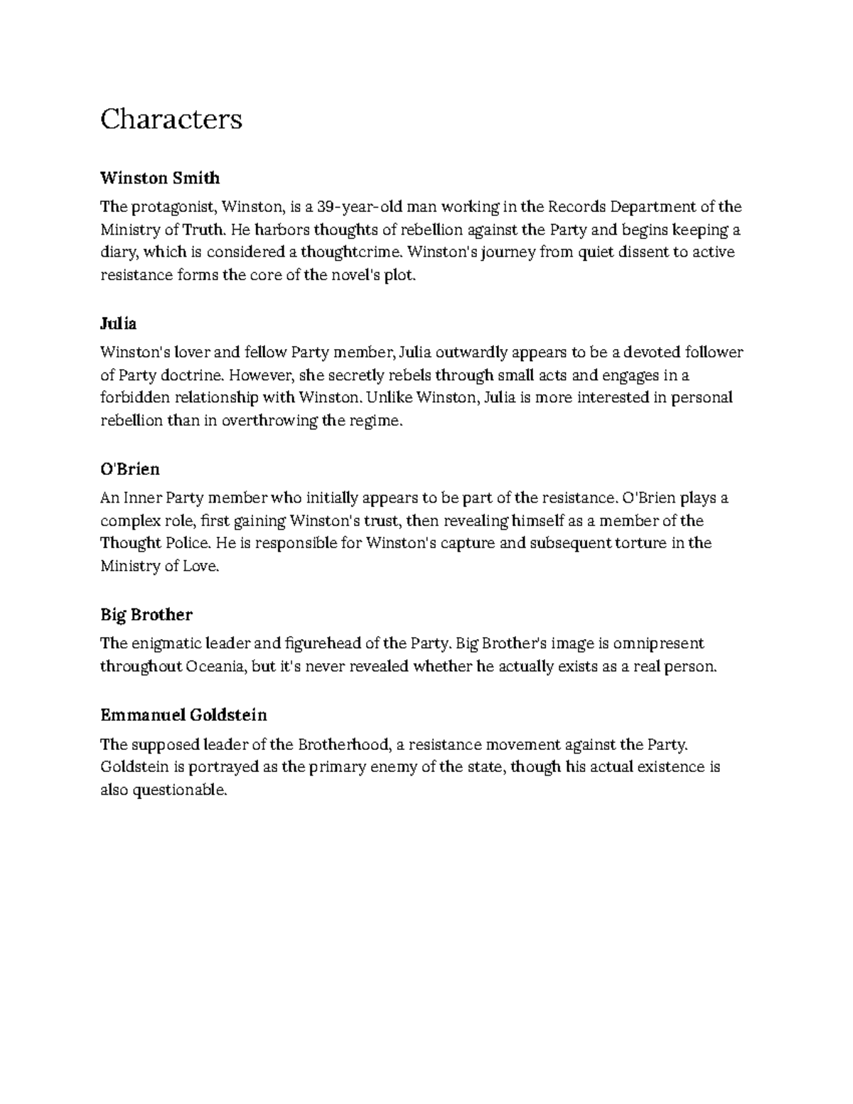 1984 - Summary Notes - Characters Winston Smith The protagonist ...