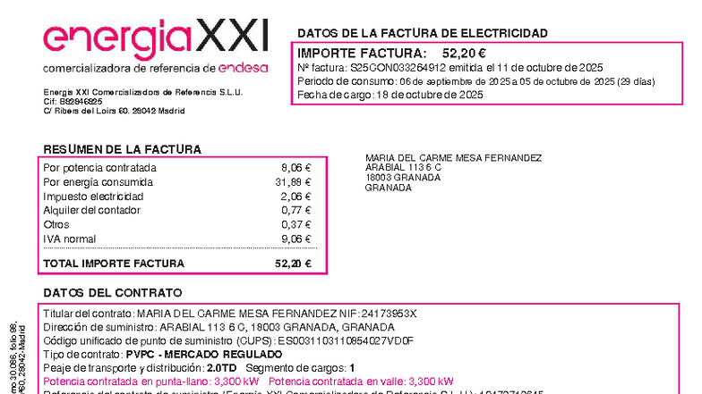 DATOS DE FACTURA DE ELECTRICIDAD - S25CON033264912 - Studocu