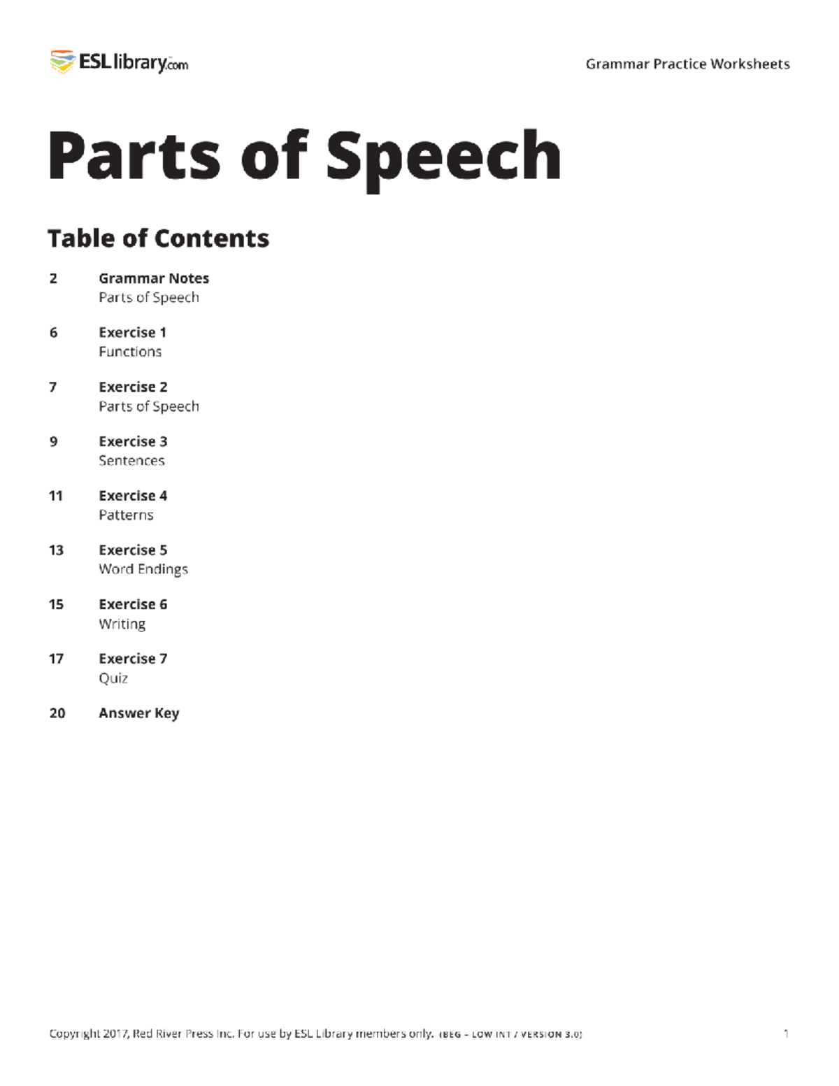 Parts of Speech Grammar Practice Worksheets (ESL BEG LOW INT) - Studocu