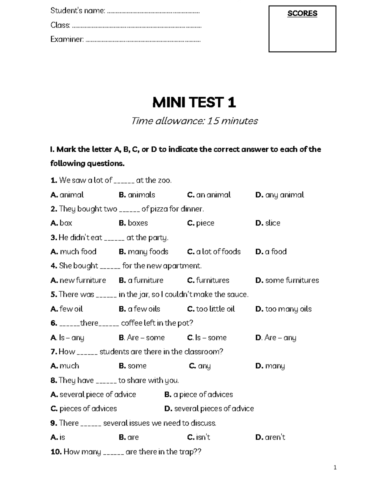 SCORES Class: Mini Test 1 - English Grammar Questions - Studocu