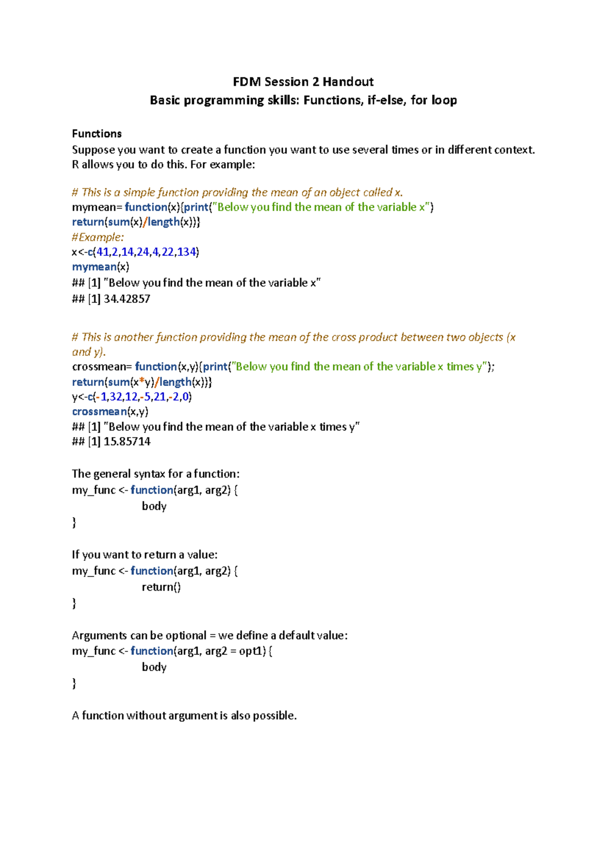 FDM 101 Session 2 Handout: Basic Programming Skills in R - Studocu