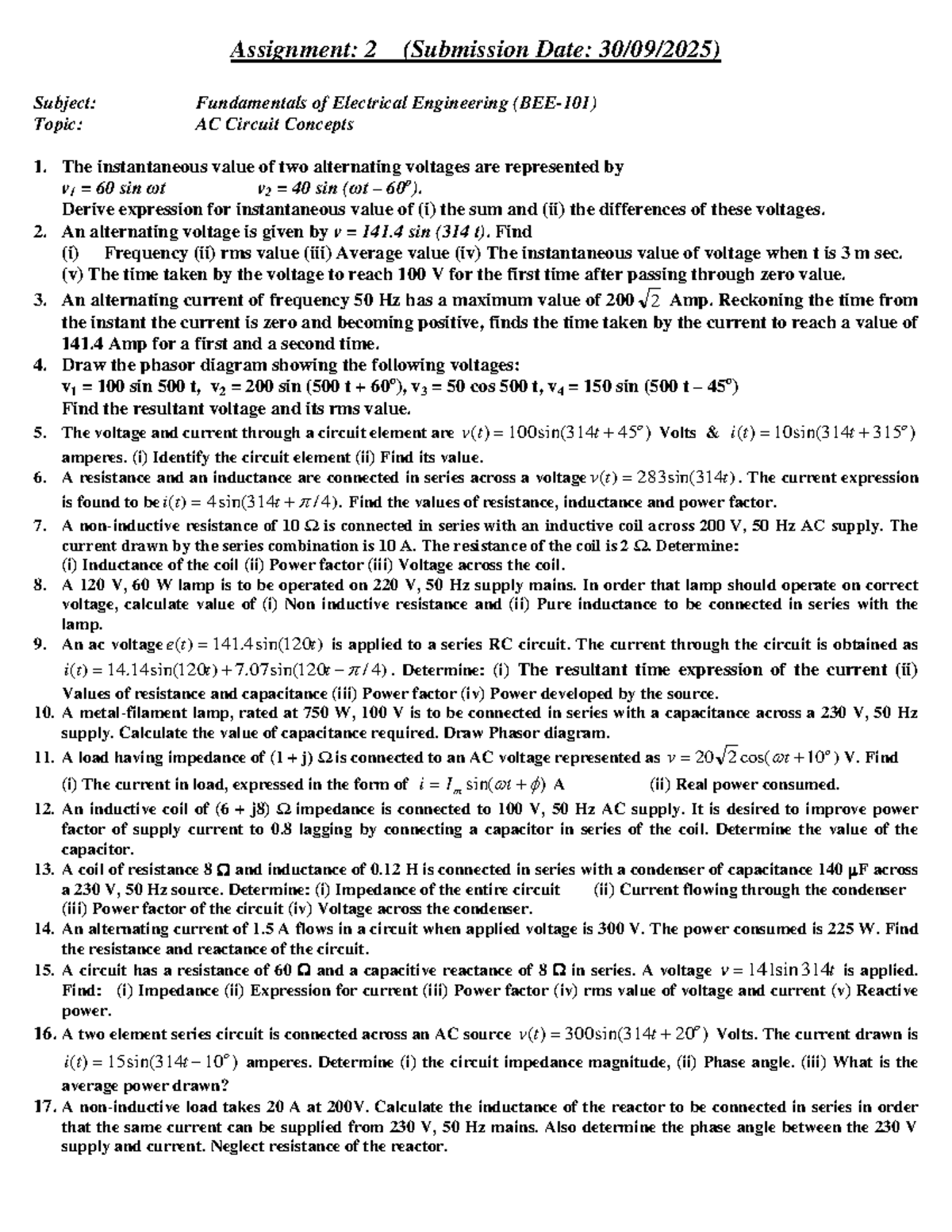 Assignment 2: AC Circuit Concepts Practice Set in Electrical Engineering - Studocu