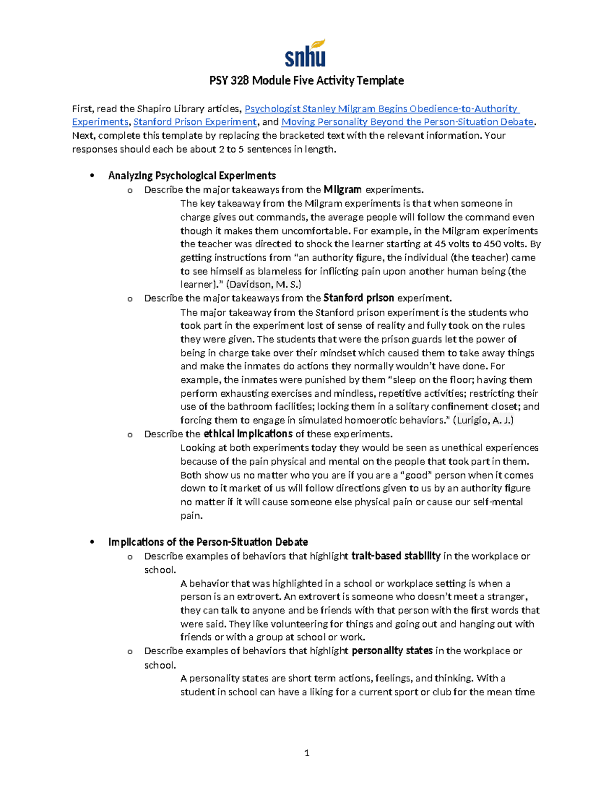 PSY 328 Module 5 Activity: Analyzing Milgram & Stanford Experiments ...