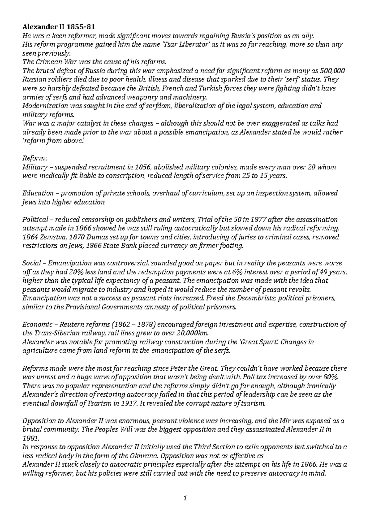 Alexander II s Reforms - AQA A level history - Tsarist and Communist ...