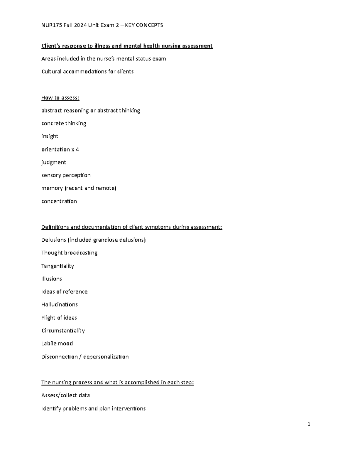 NUR175 Fall 2024 Unit Exam 2 - Key Concepts in Mental Health Nursing ...