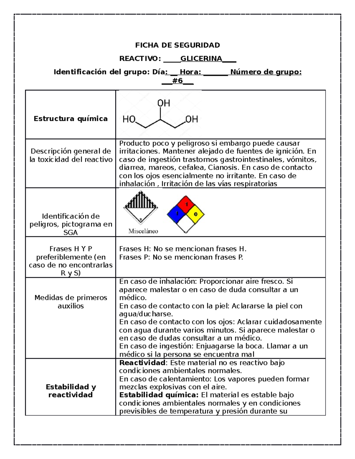 Formato ficha de seguridad Glicerina - FICHA DE SEGURIDAD REACTIVO: _GLICERINA Identificación ...
