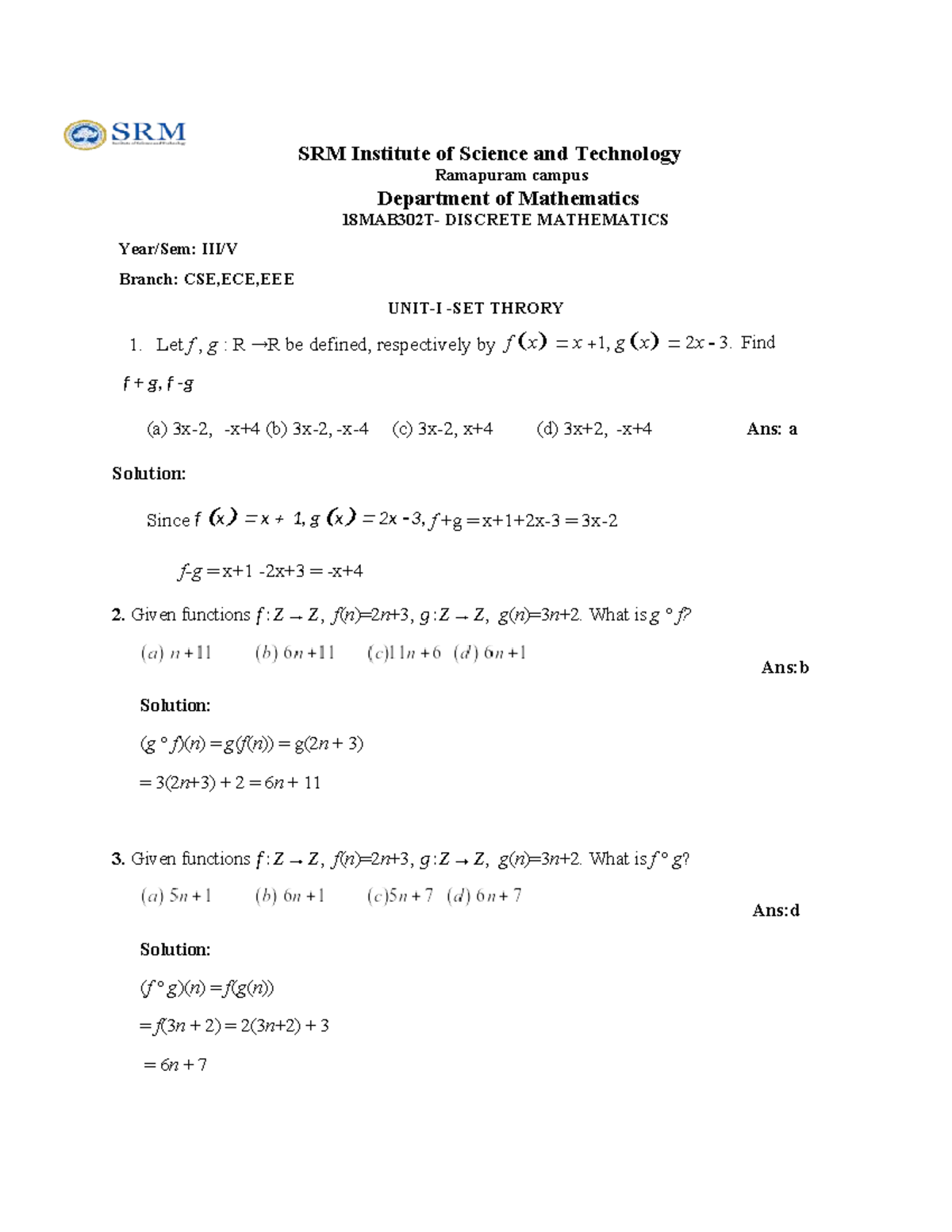 Discrete Mathematics - UNIT 1 Notes (SRM Institute) - Studocu