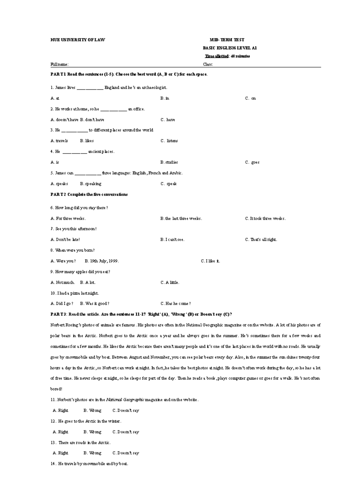 HUE UNIVERSITY OF LAW A1 Midterm Test - Basic Level 2025 - Studocu