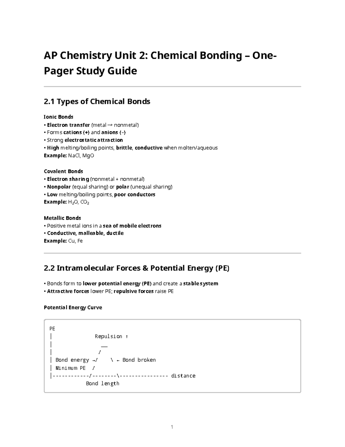 AP Chem Unit 2: Chemical Bonding One-Pager Study Guide - Studocu