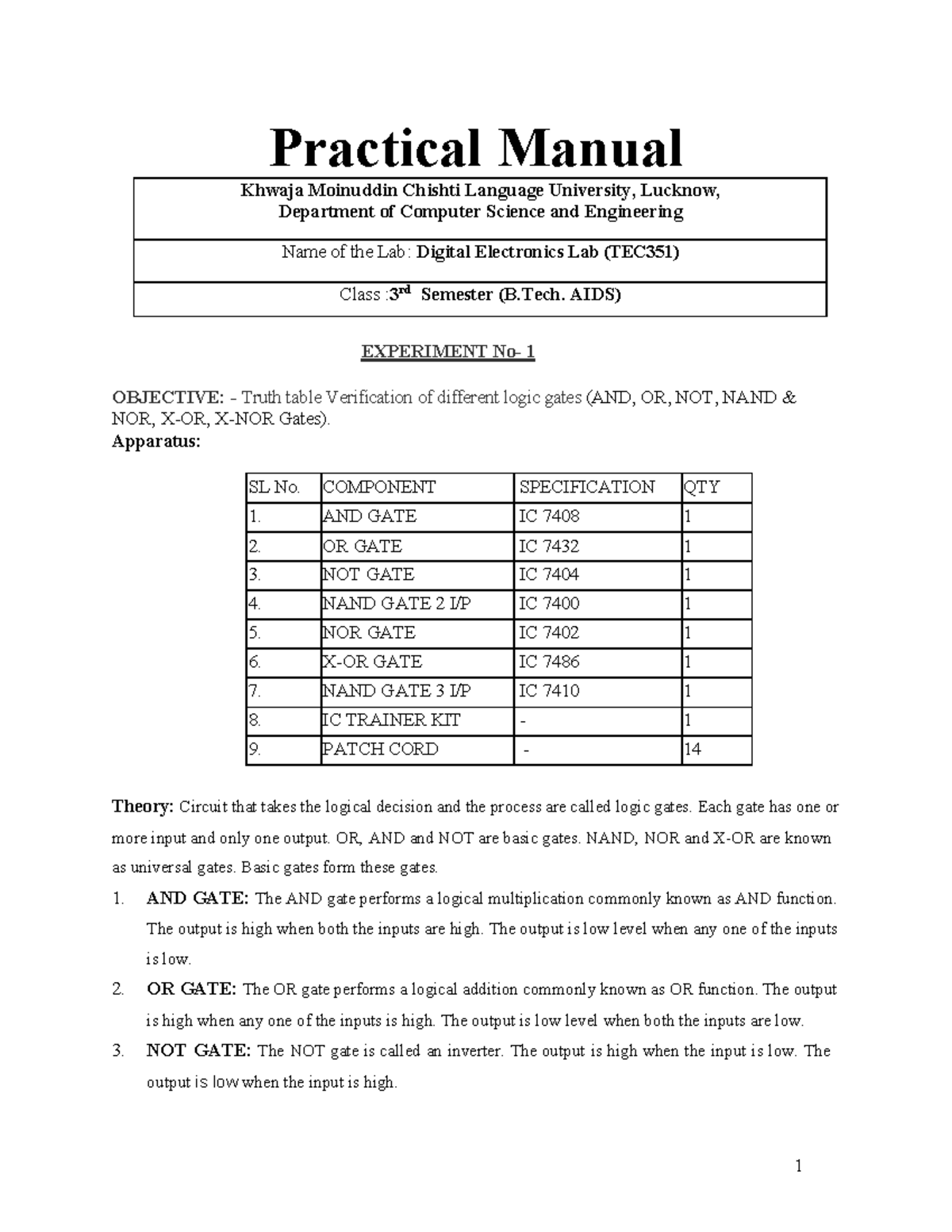 Digital Electronics Lab Manual (TEC351) - 3rd Sem B.Tech. - Studocu