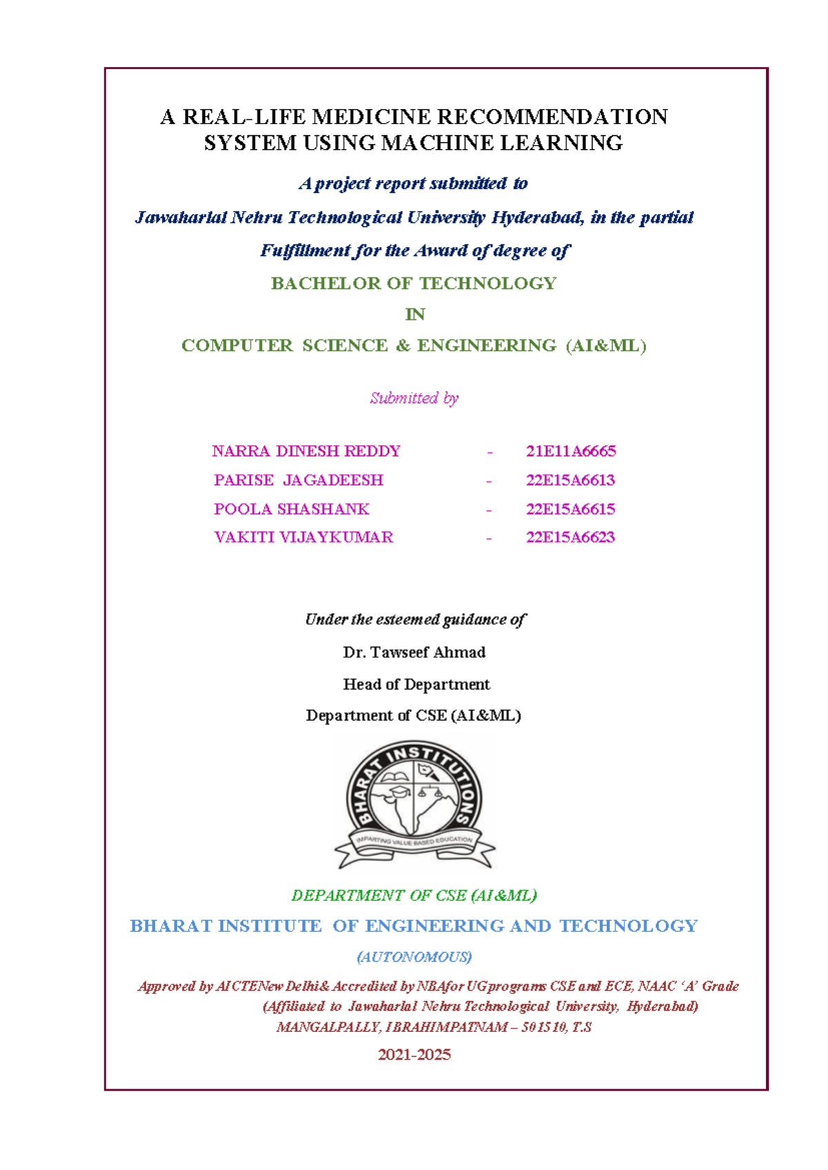 Medicine Recommendation System Using ML - B.Tech Project Report - Studocu