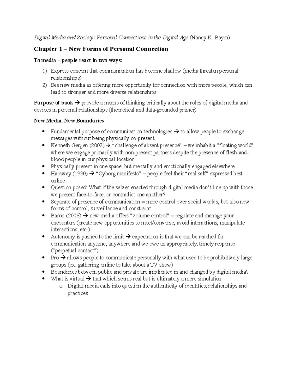 Chapter 1 Notes: New Forms of Personal Connection in Digital Media ...