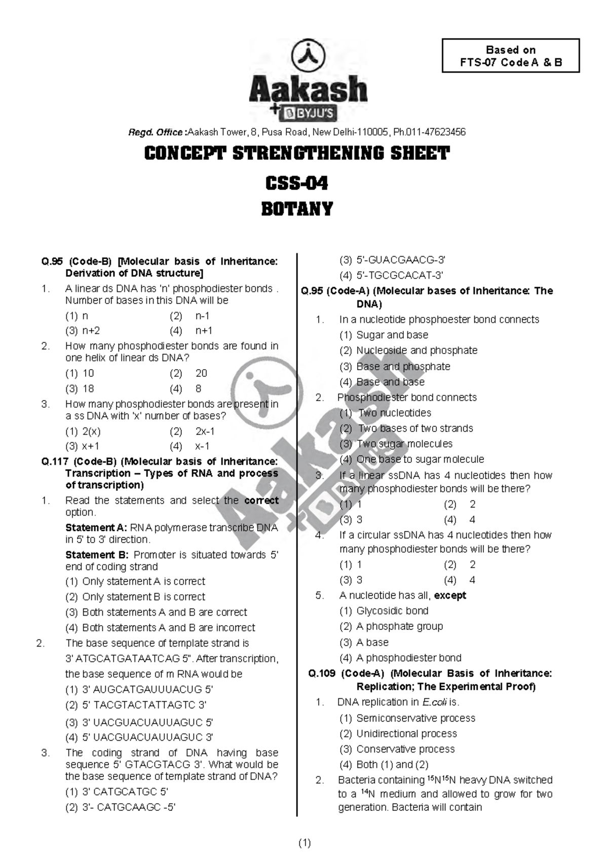 Concept Strengthening Sheet (CSS-04) for Botany: Inheritance & DNA ...