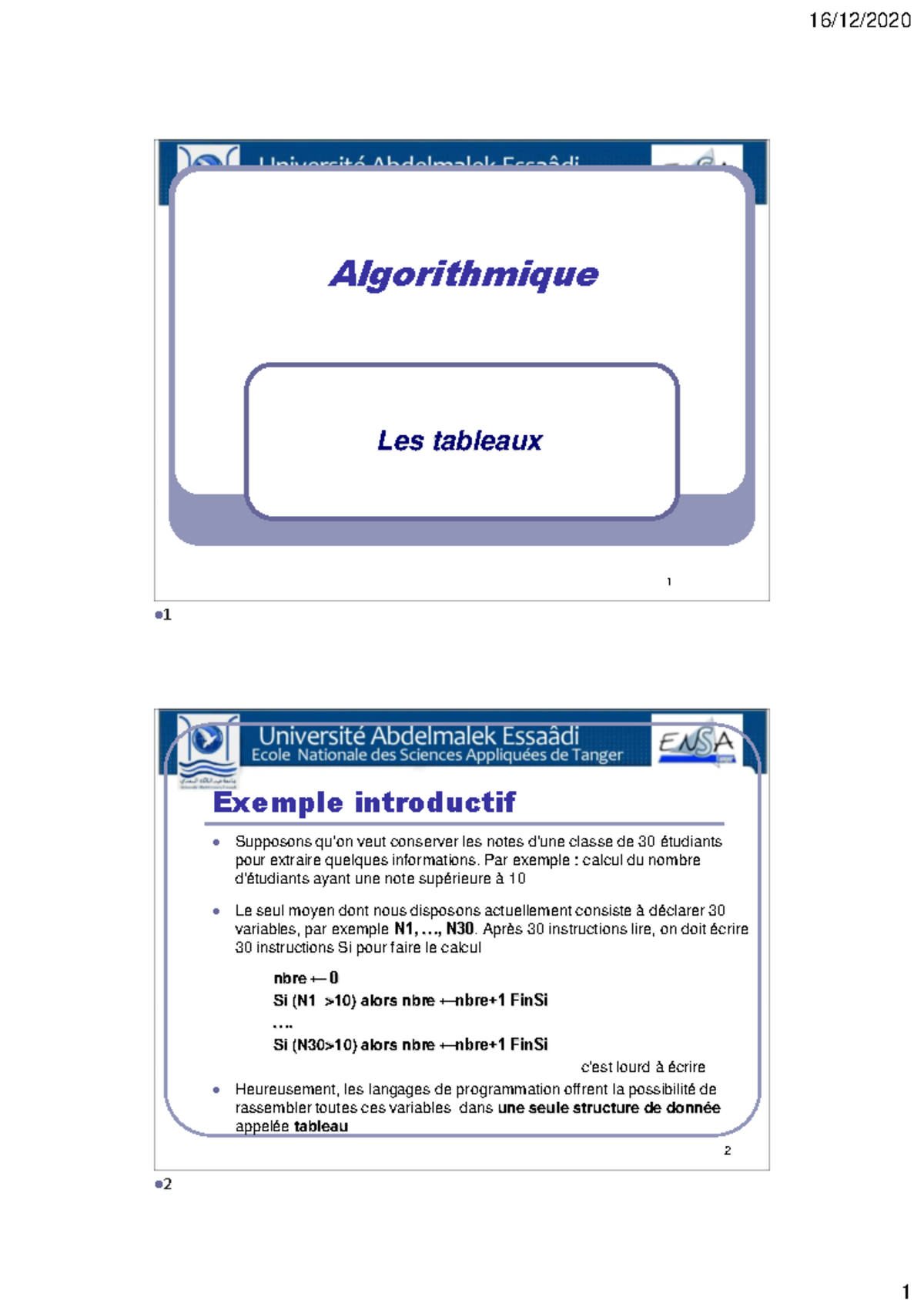 Cours Partie 3 - Chapitre 3 : Les Tableaux en Algorithmique - Studocu