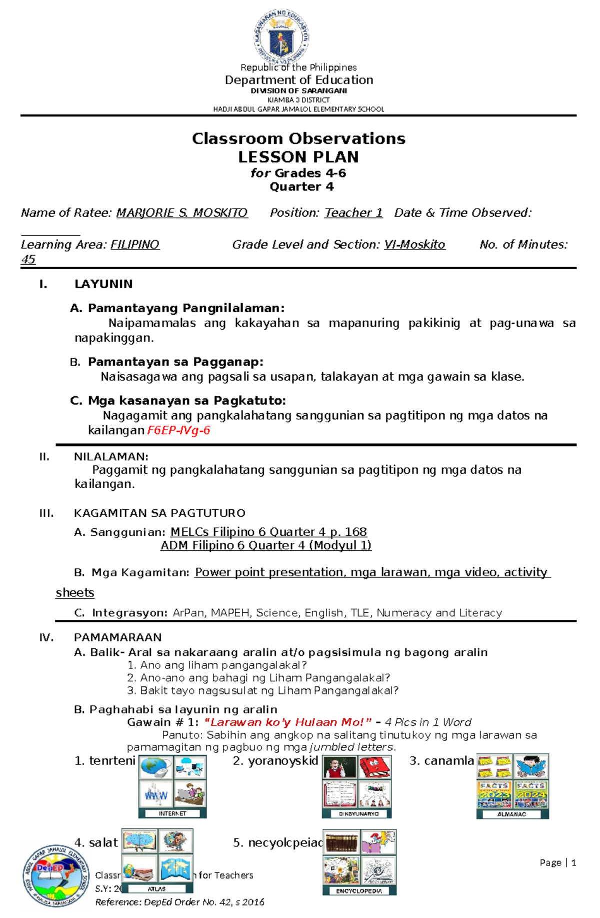 Classroom Observation Lesson Plan for Filipino 6 (CO 3) - Studocu