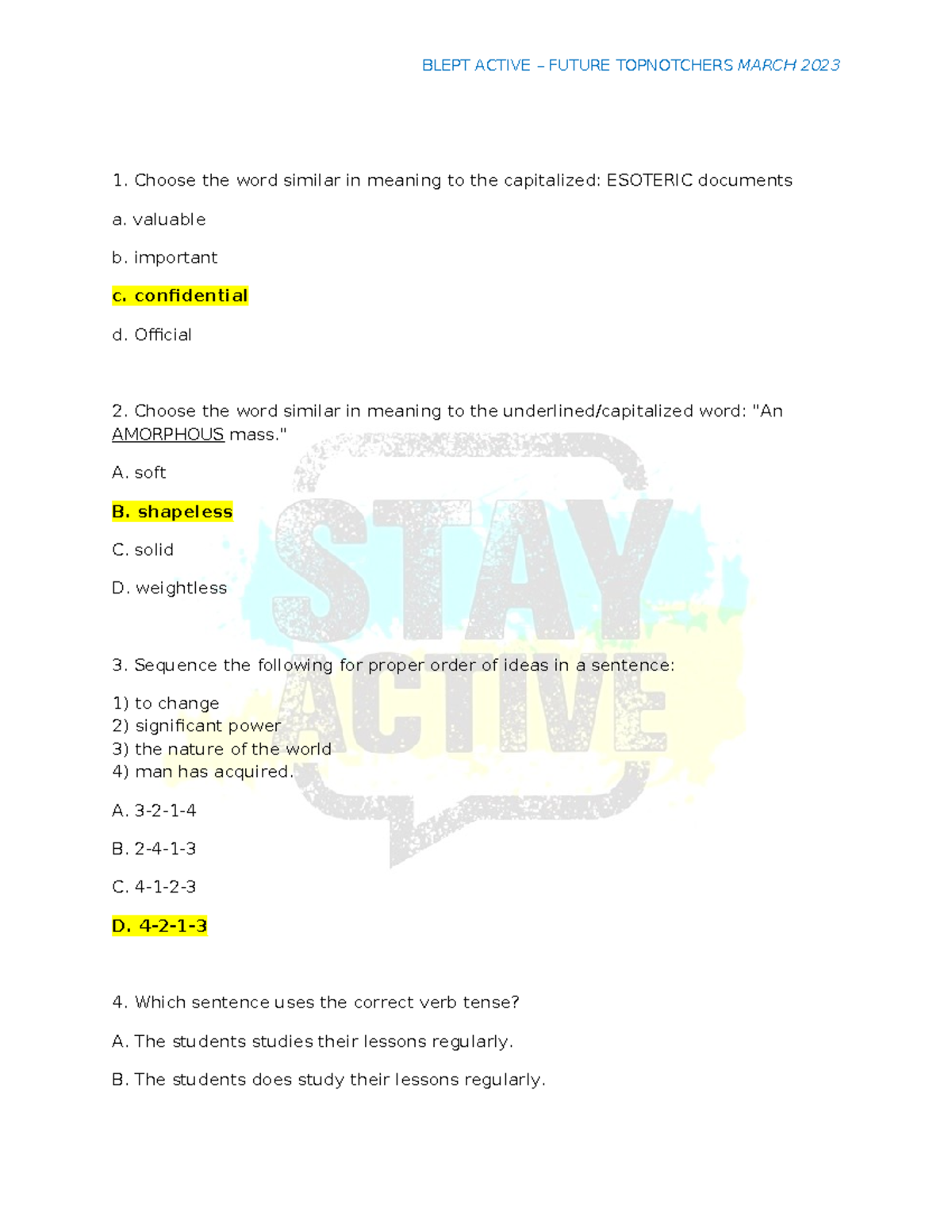 BLEPT ACTIVE FUTURE TOPNOTCHERS MARCH 2023 MOCK TEST 303 - Studocu