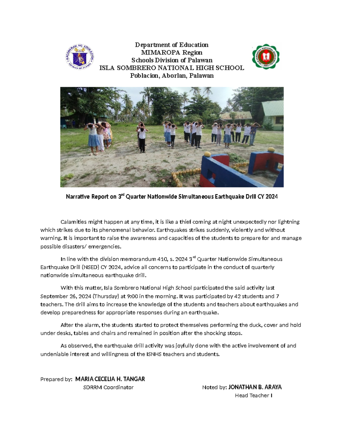 Narrative Report on 3rd & 4th Quarter NSED 2024 - ISNHS - Studocu