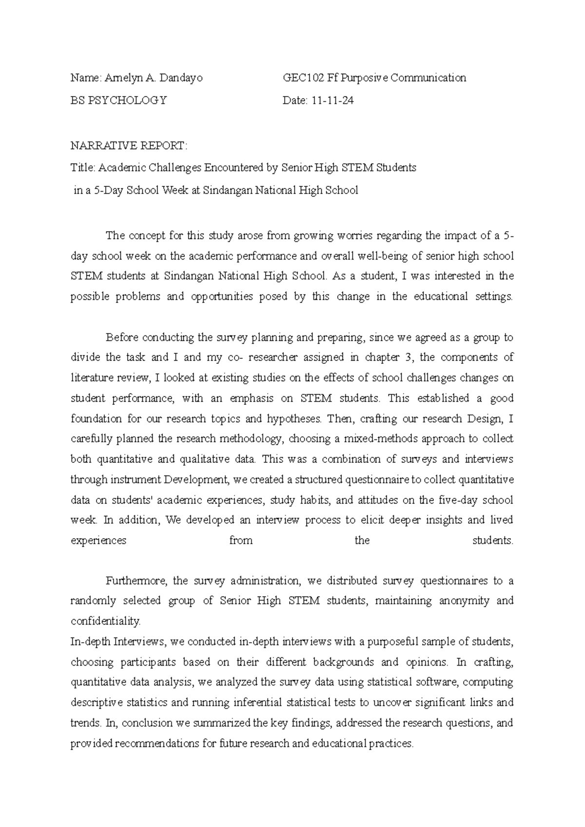 GEC102 Narrative Report: Academic Challenges of Senior High STEM ...