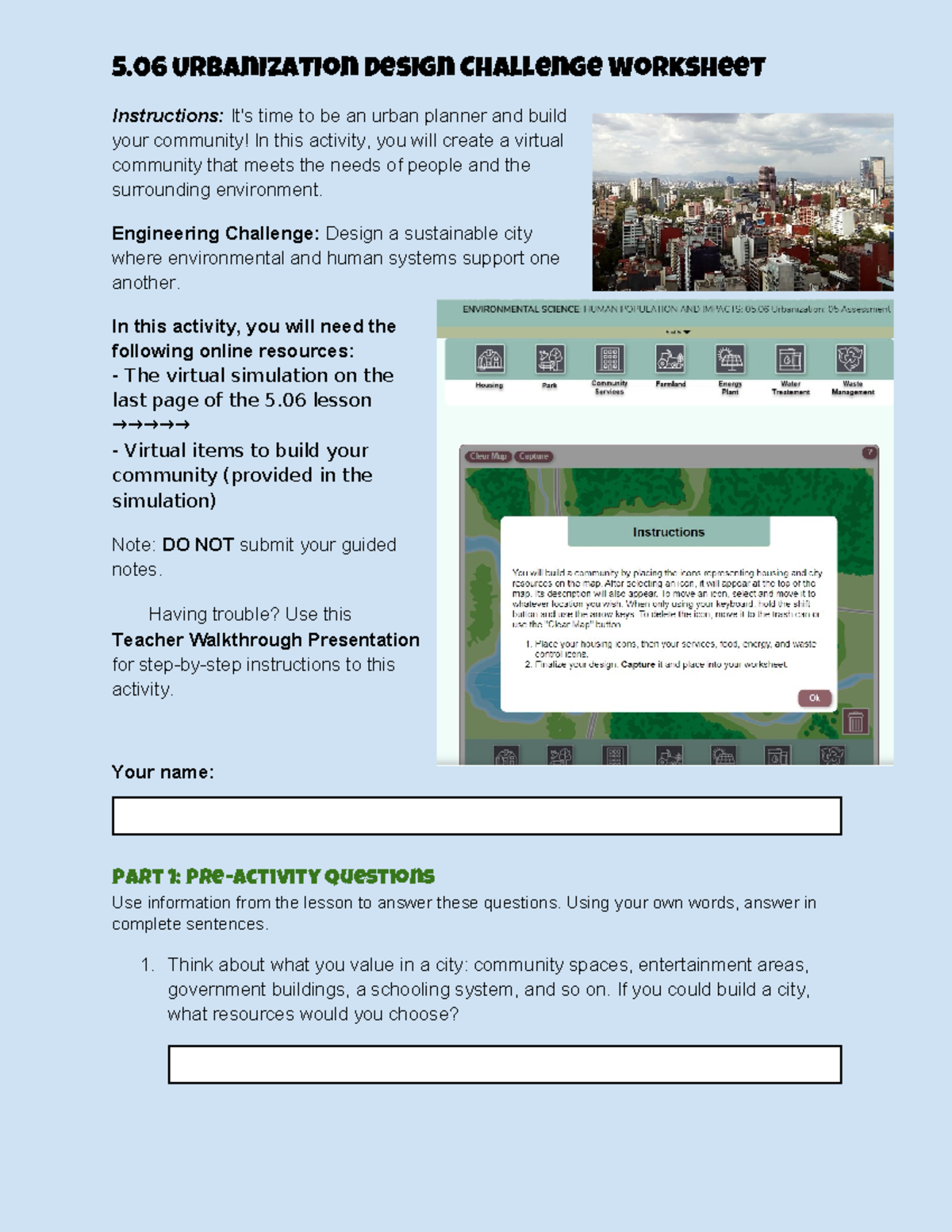 5.06 Urbanization Design Challenge Worksheet for Sustainable Cities ...