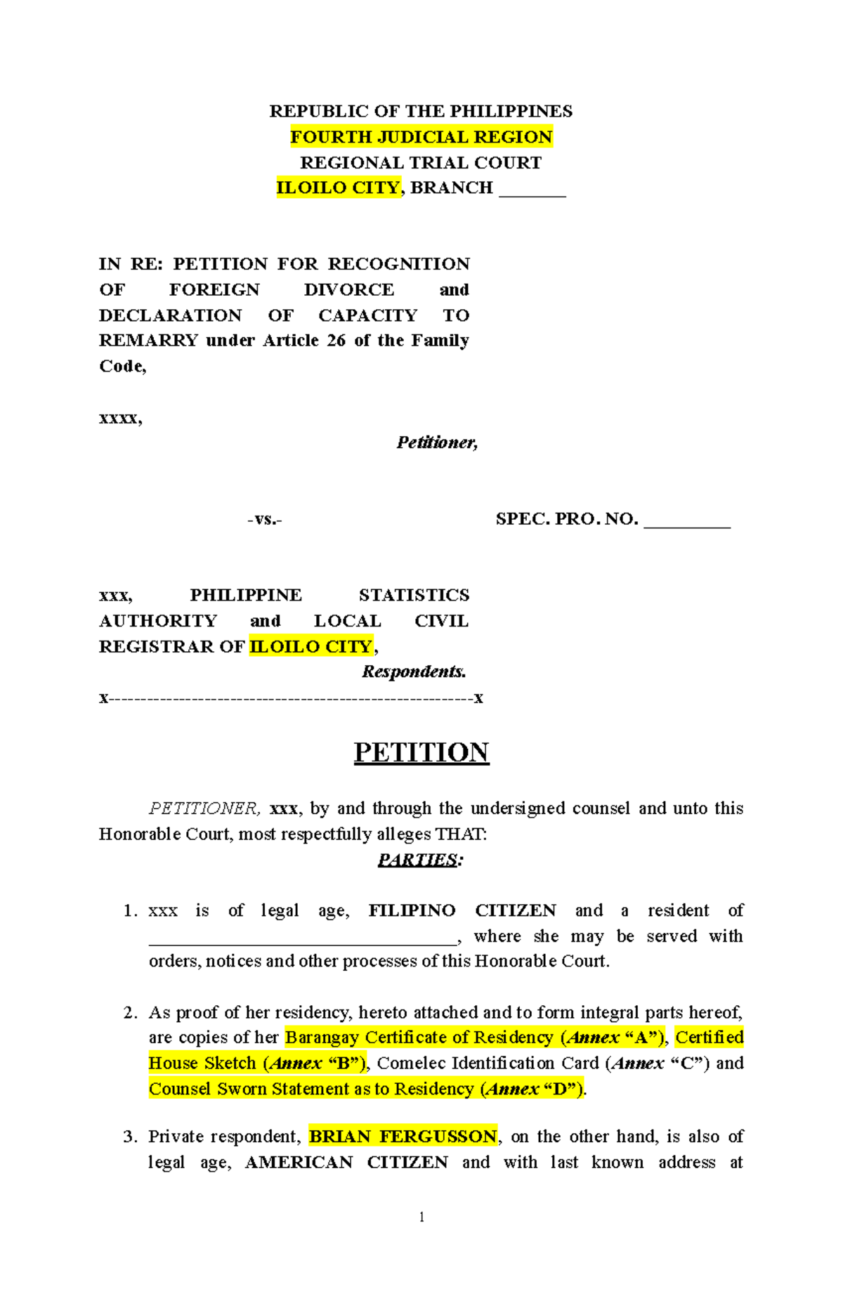 Petition for Recognition of Foreign Divorce - REPUBLIC OF THE ...