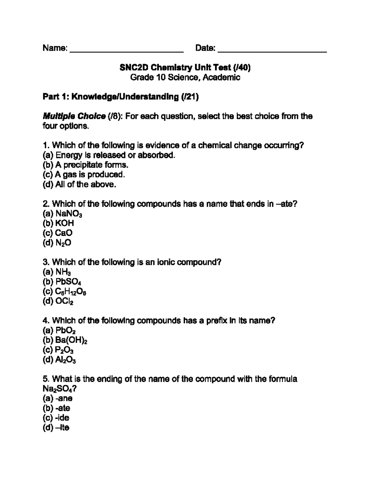 SNC2D Chemistry Unit Test - Grade 10 Academic Prep Notes - Studocu