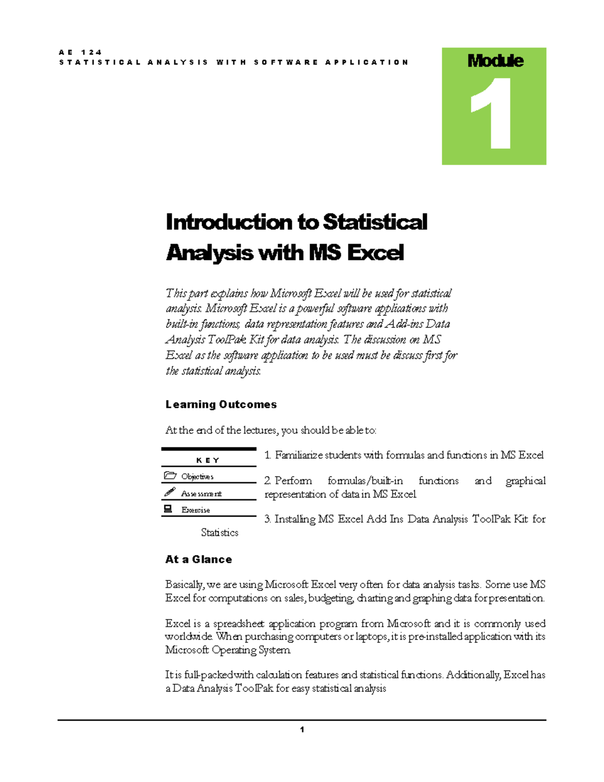 Lesson 1 - Introduction to Statistical Analysis with MS Excel - S T A T I S T I C A L A N A L Y ...