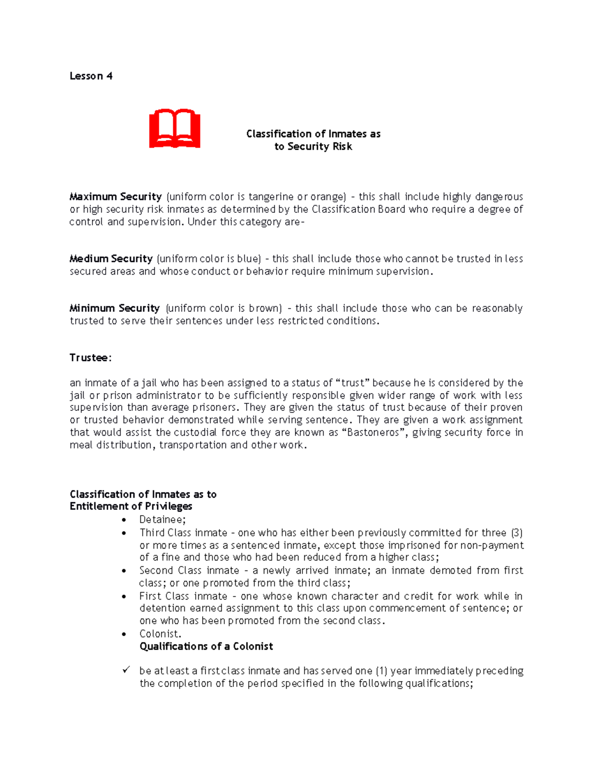 Classification of Inmates by Security Risk: Lesson Insights - Studocu