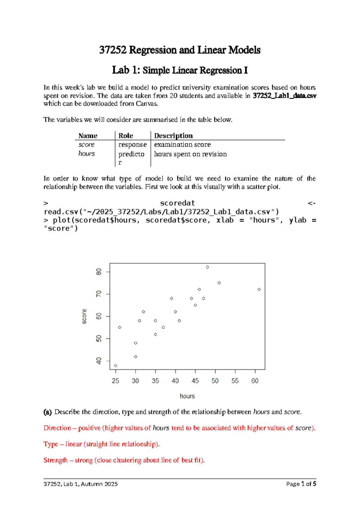 37252 Lab 1 solutions: Simple linear regression analysis - Studocu