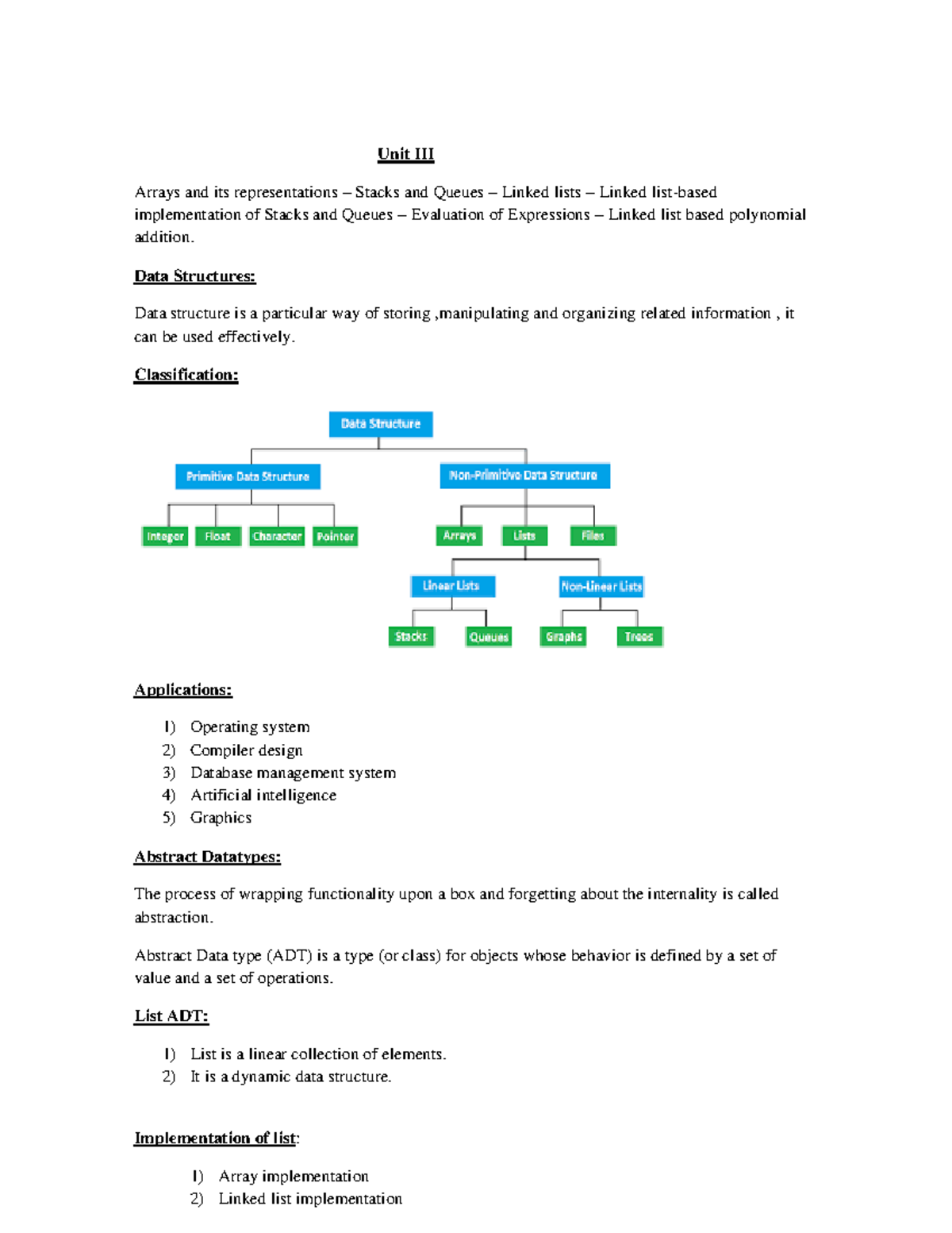Data Structures Unit III: Arrays, Stacks, and Queues Overview - Studocu