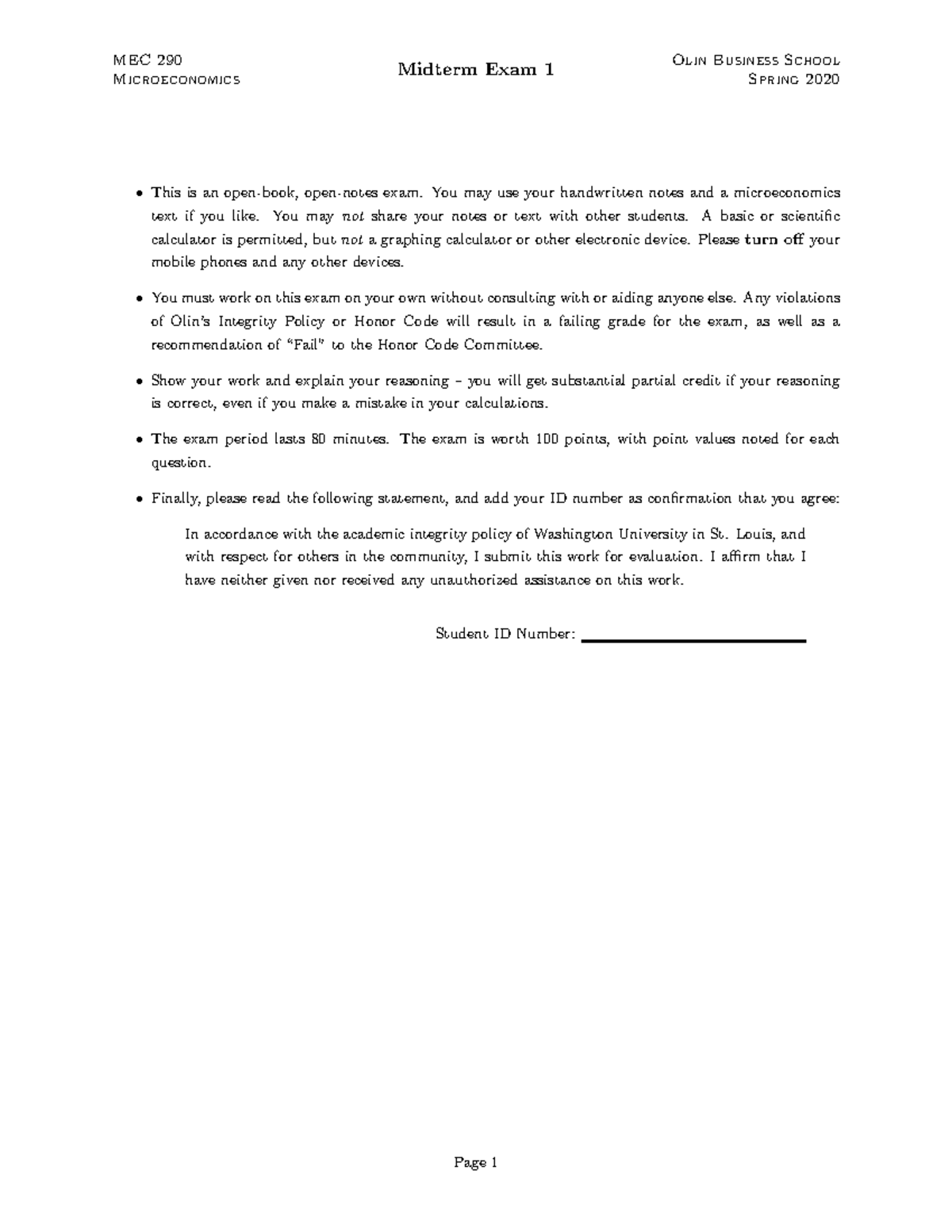 MEC 290 Microeconomics Olin Business School Spring 2020 Midterm Exam 1 ...