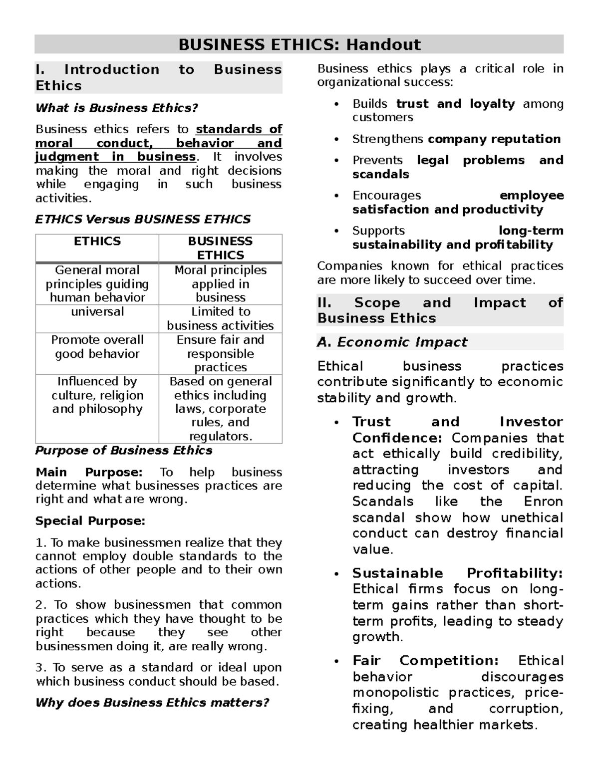 BUSINESS ETHICS: Handout I - Introduction to Business Ethics - Studocu