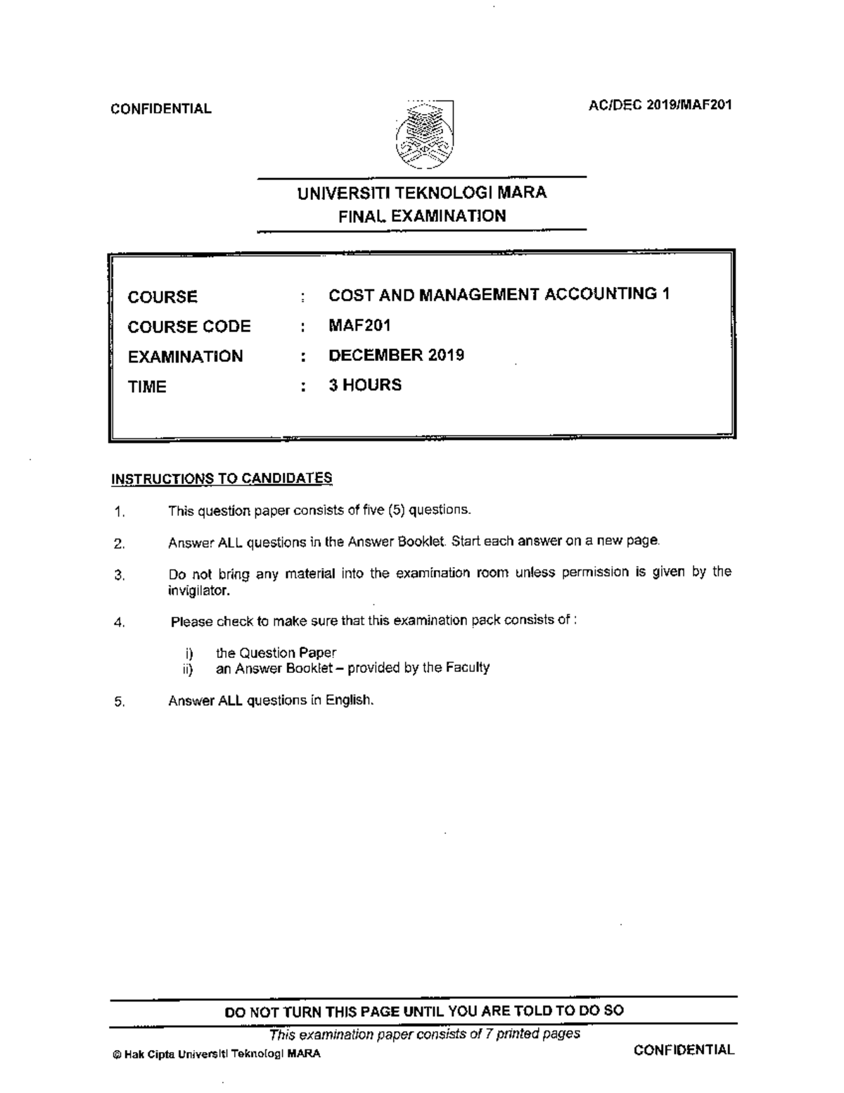 Final Exam MAF201: Cost & Management Accounting 1 (Dec 2019) - Studocu