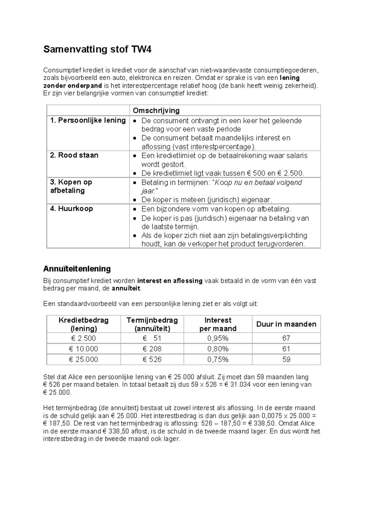 Samenvatting TW4: Consumptief Krediet en Hypotheekleningen - Studeersnel