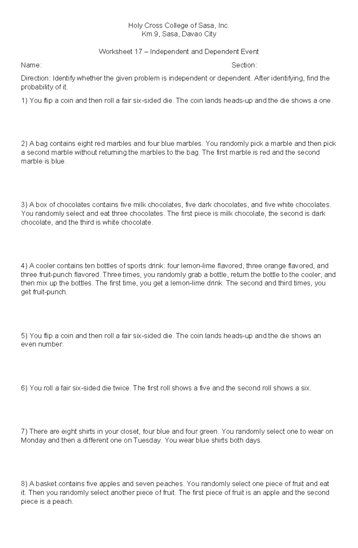 Worksheet 17: Independent & Dependent Events Analysis - Studocu