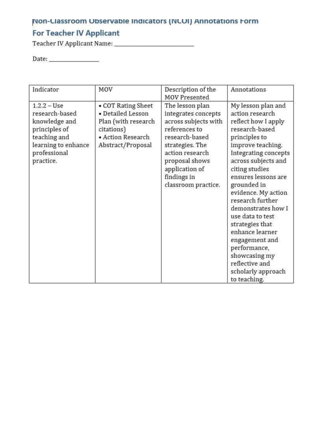 TIV NCOI MOVs: Annotations for Teacher IV Application - Studocu