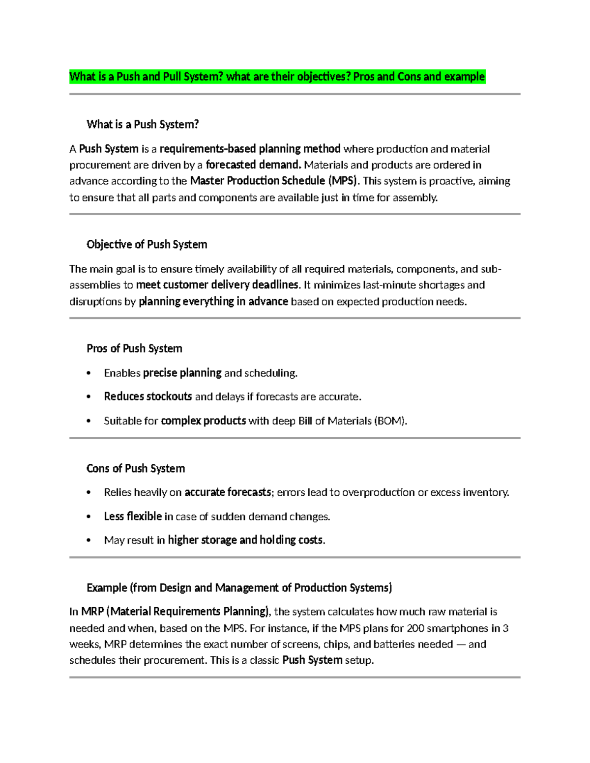 Push and Pull Systems: Exam Q&A Overview - Studocu