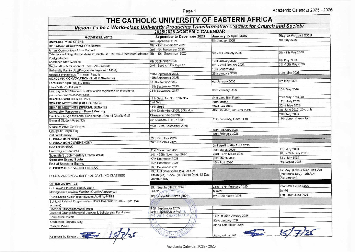 Academic Calendar 2025-2026 - The Catholic University of Eastern Africa ...