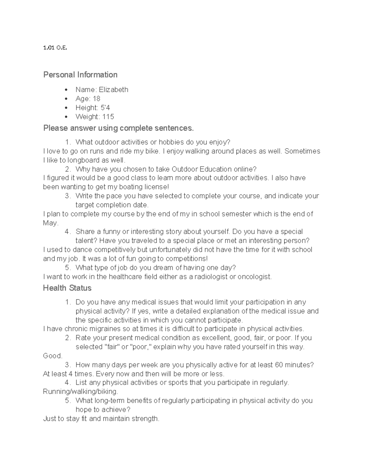 Outdoor education 1 - flvs - 1 O. Personal Information Name: Elizabeth ...