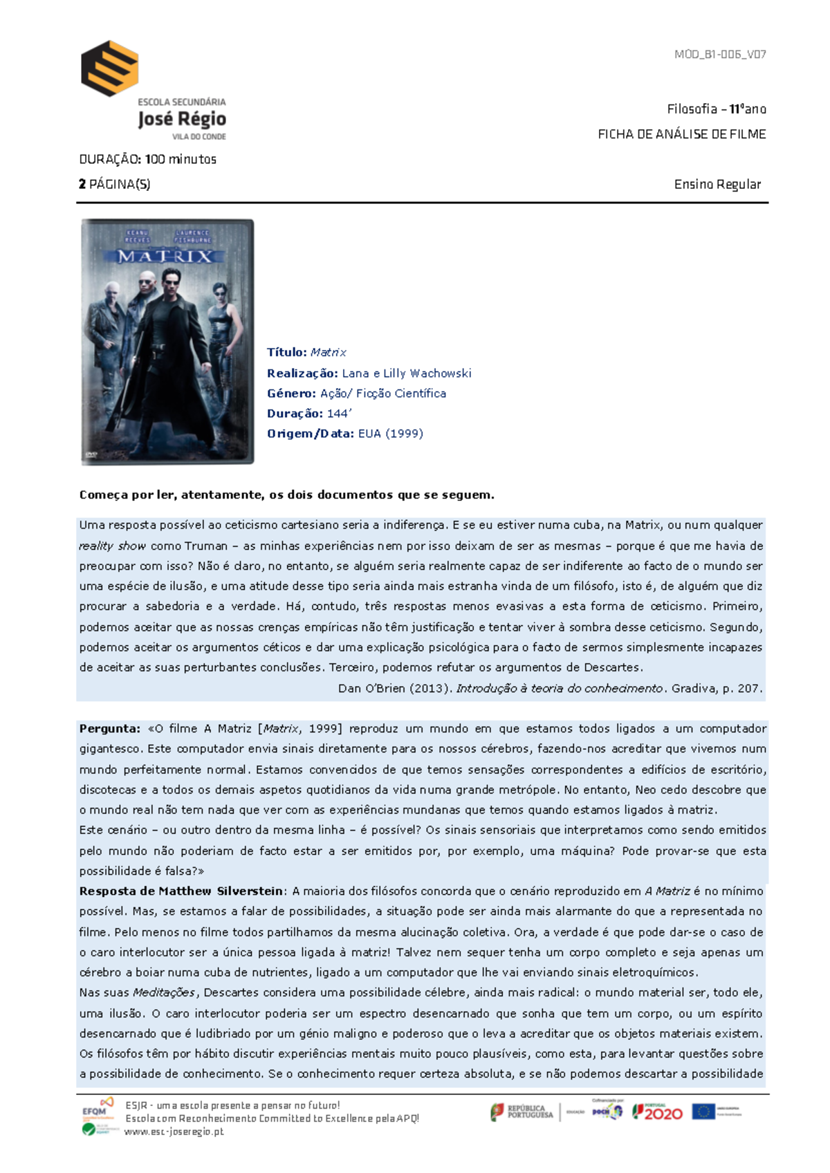 Ficha de Análise do Filme Matrix - Filosofia 11º Ano - Studocu