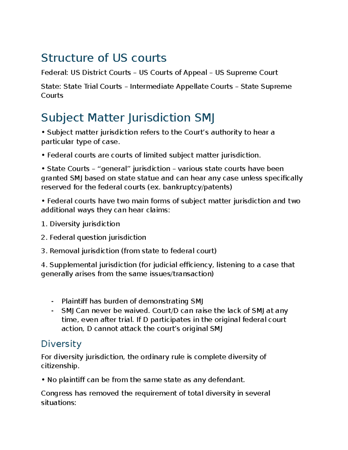Procedure notes - Structure of US courts Federal: US District Courts ...