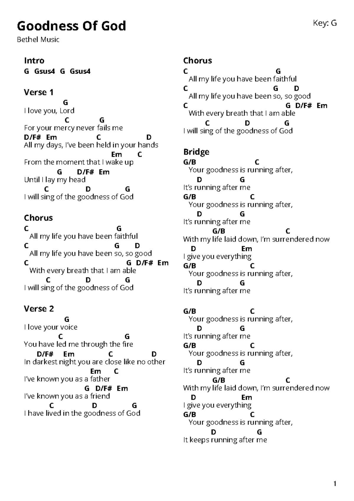 Goodness of God - Bethel Music Intro & Chorus - Studocu