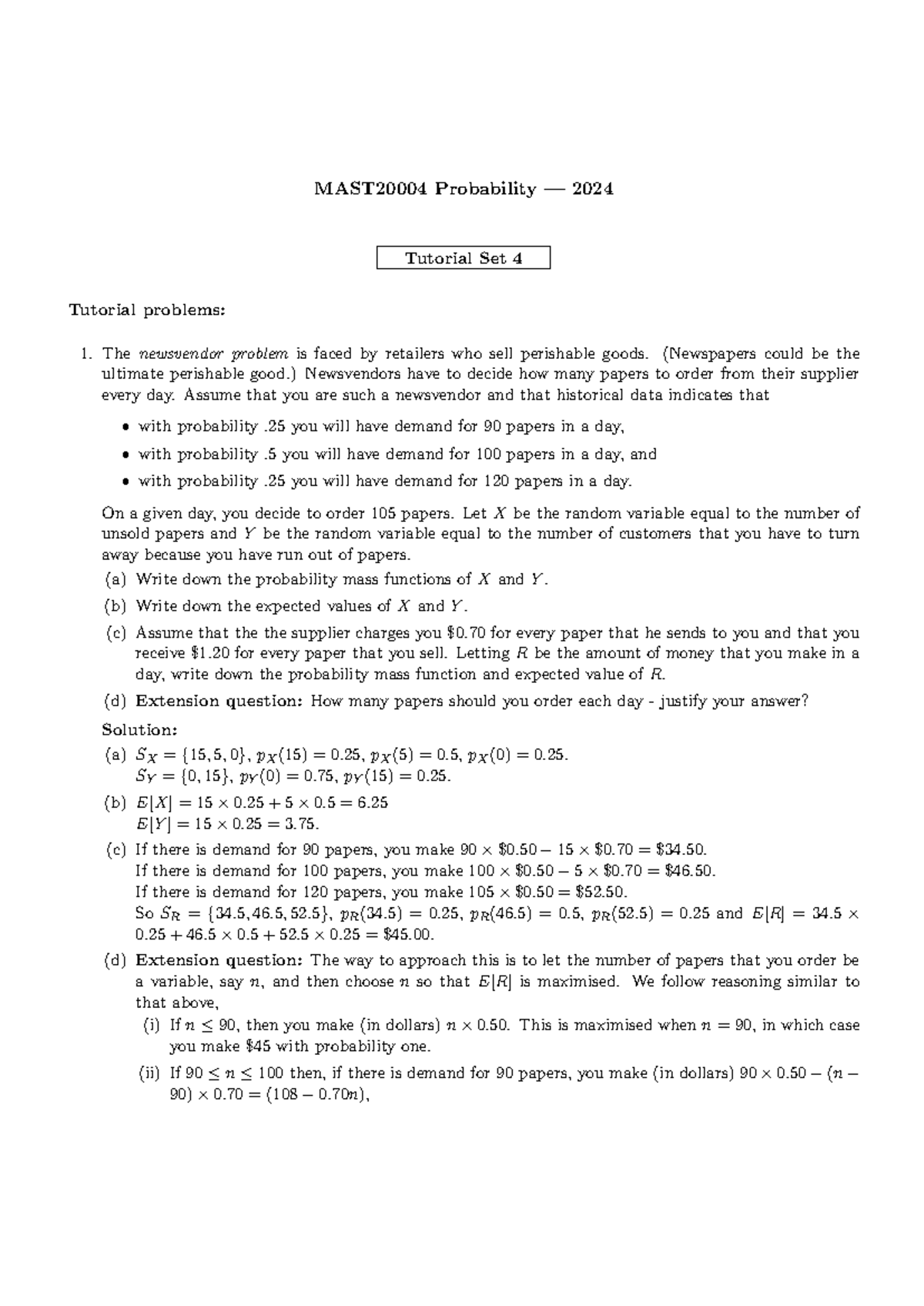 MAST2000 2024 Probability Tutorial Set 4 Solutions and Analysis - Studocu