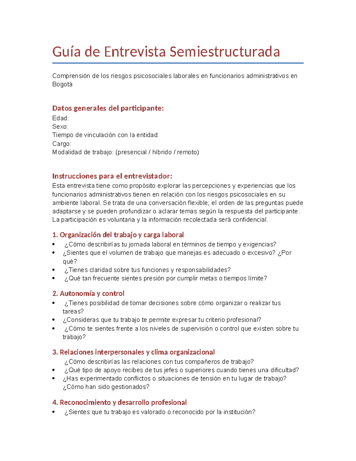 Guía de Entrevista Semiestructurada sobre Riesgos Psicosociales en Bogotá - Studocu