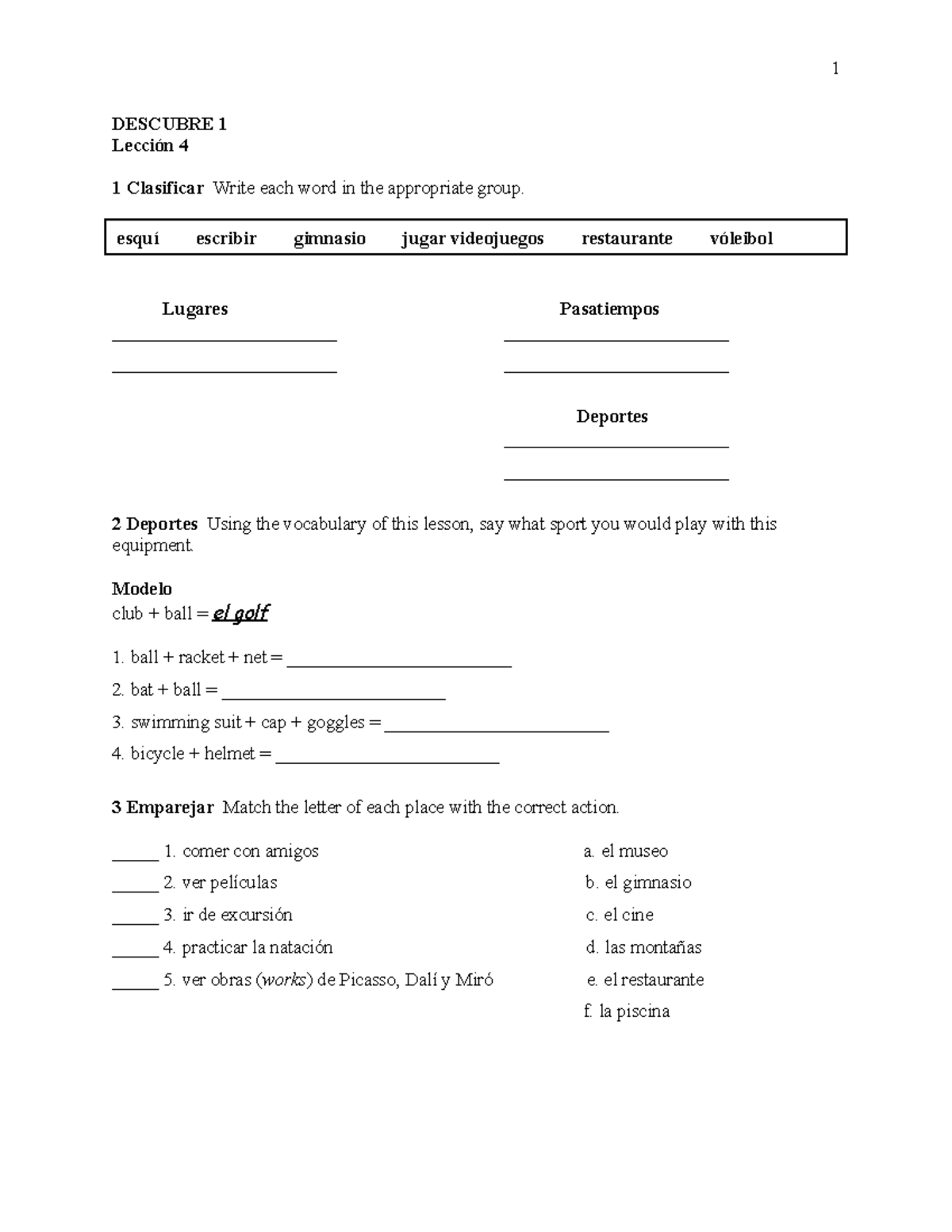 Review of unit 4 - study guide - DESCUBRE 1 Lección 4 1 Clasificar ...