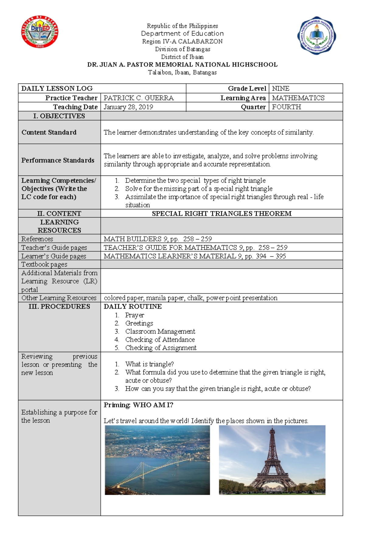 Daily Lesson Log (DLL) for Mathematics 9: Special Right Triangles - Studocu