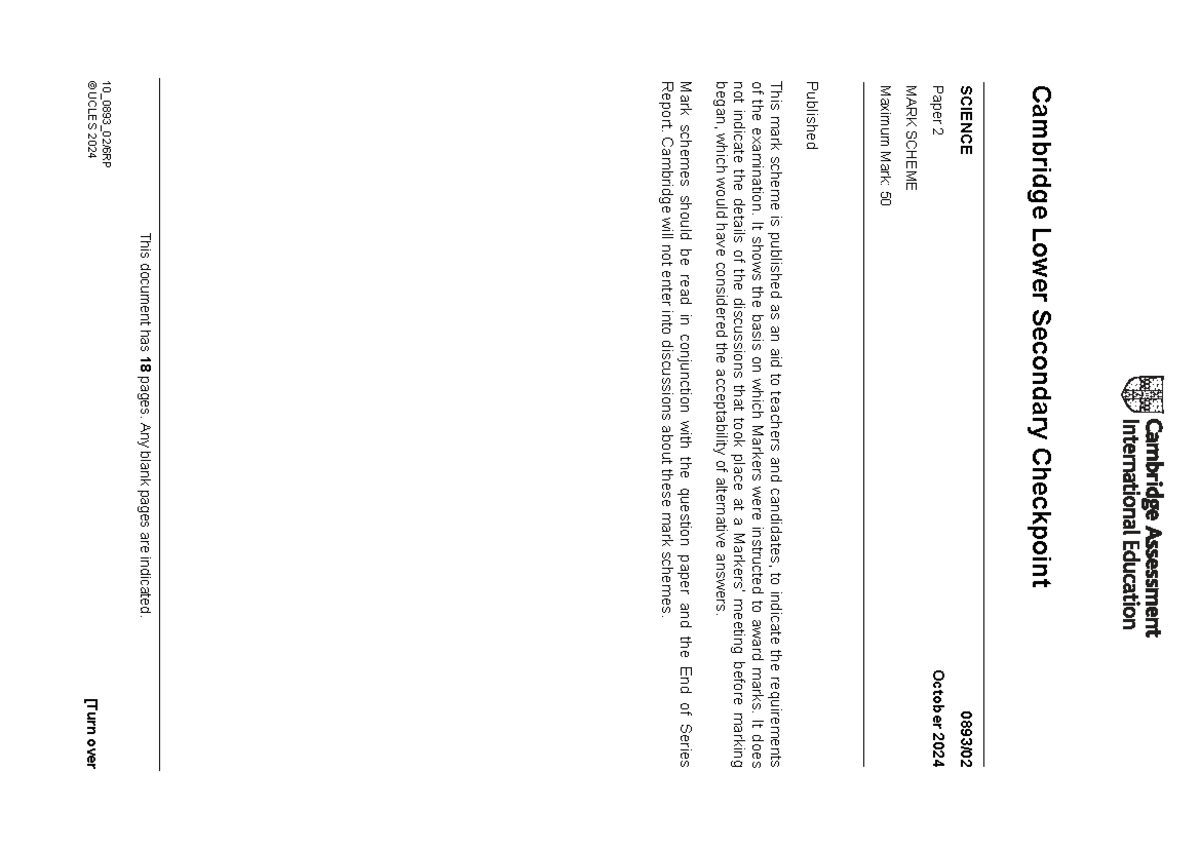 Oct 2024 Cambridge Lower Secondary Checkpoint Science Paper 2 mark ...