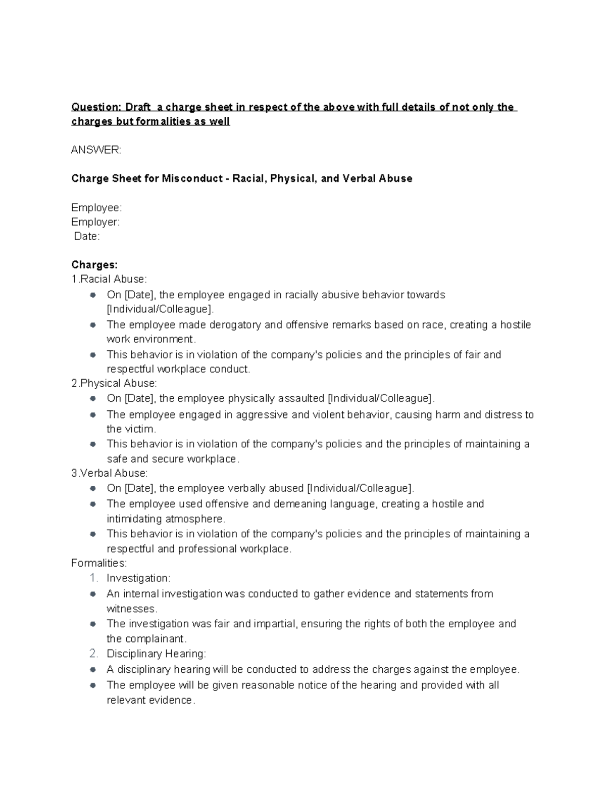 Charge Sheet Draft for Misconduct - Racial, Physical & Verbal Abuse ...