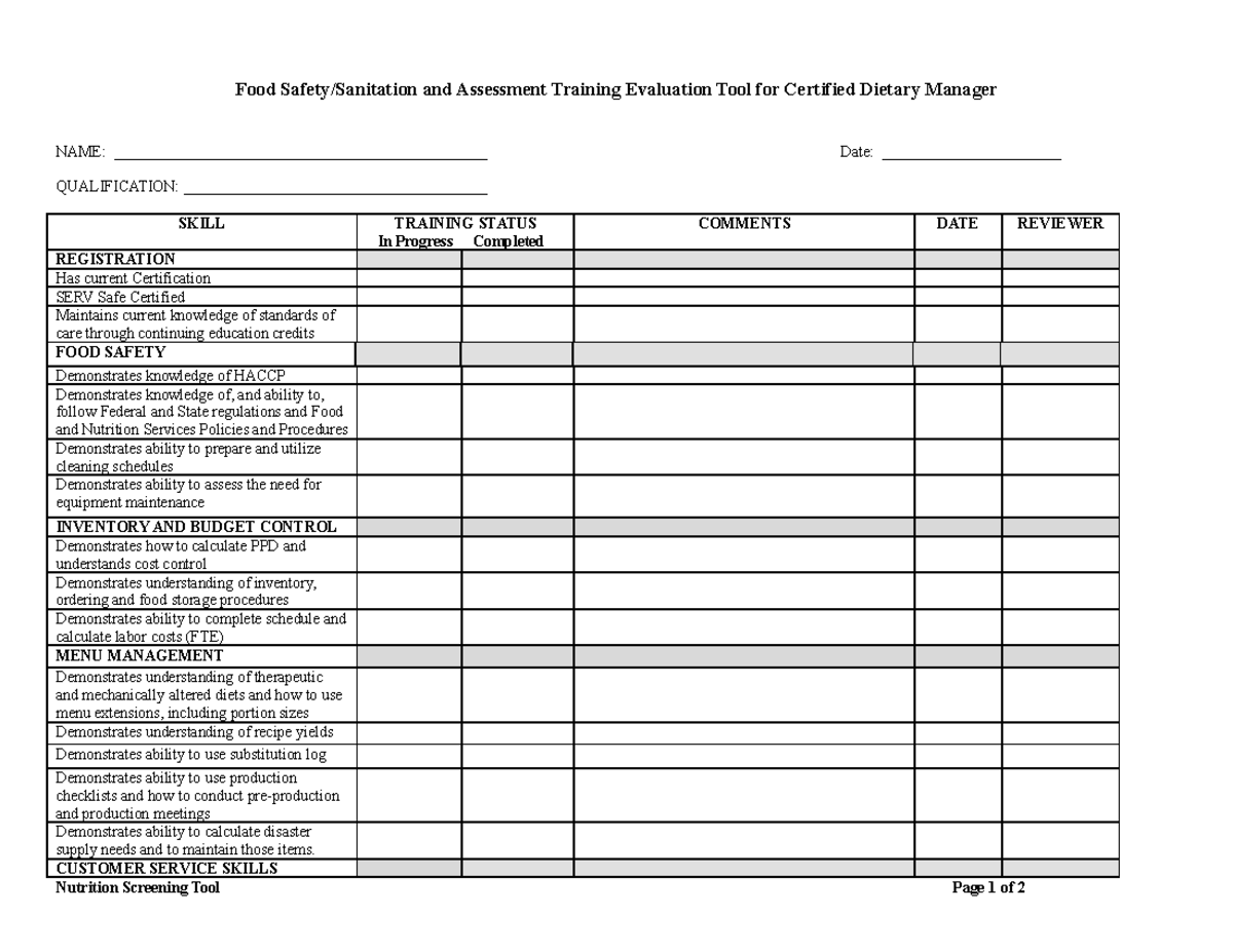 Certified Dietary Manager Training Outline: Food Safety and Sanitation ...